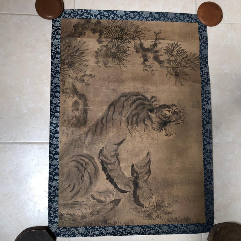 Japanese Antique Bold Hand-Painted Tiger Silk Painting, 19th Century at ...