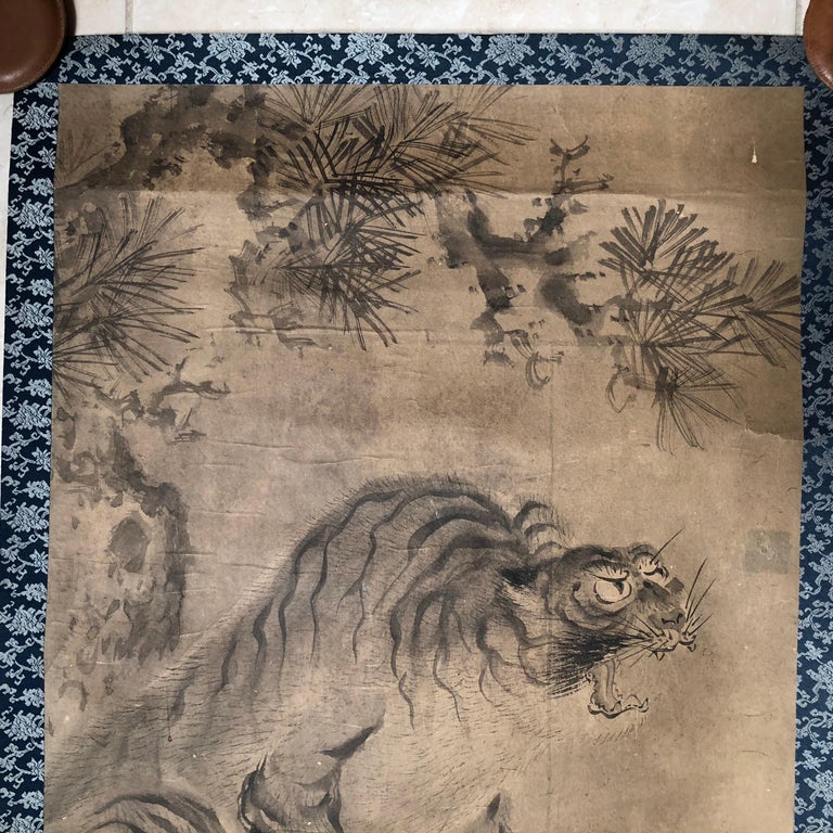 Japanese Antique Bold Hand-Painted Tiger Silk Painting, 19th Century at ...