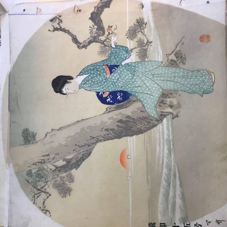 Japanese Antique Brilliant Colors Ten Woodblock Fan Prints Immediately ...