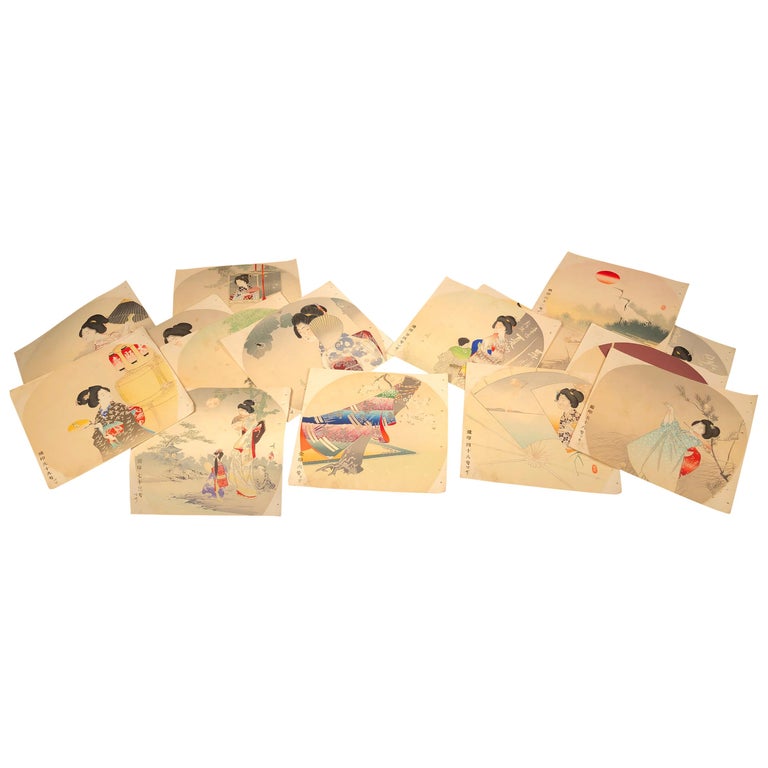 Japanese Antique Brilliant Colors Twenty Woodblock Fan Prints Frameable ...