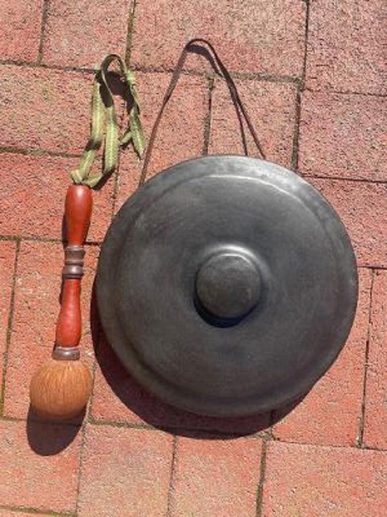 Japanese Antique Bronze Gong Set and Beautiful Silk Cord Striker For ...