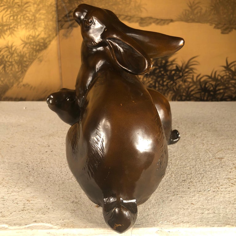 Japanese Antique Bronze Rabbit Mother and Baby Family Group Usagi at ...