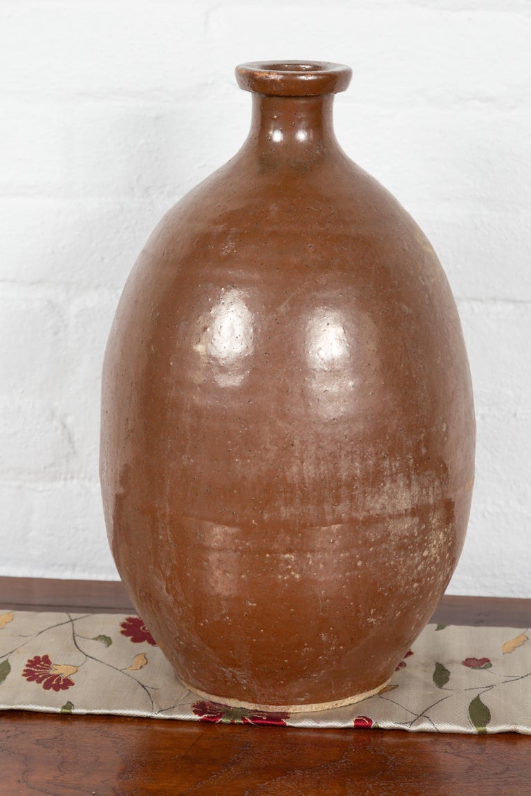 Japanese Antique Brown Tamba Tachikui Ware Sake Jug from the Early 20th ...