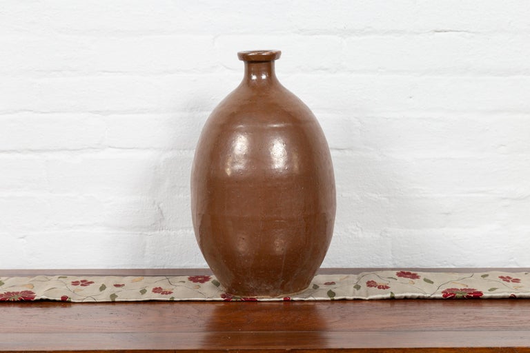 Japanese Antique Brown Tamba Tachikui Ware Sake Jug from the Early 20th ...