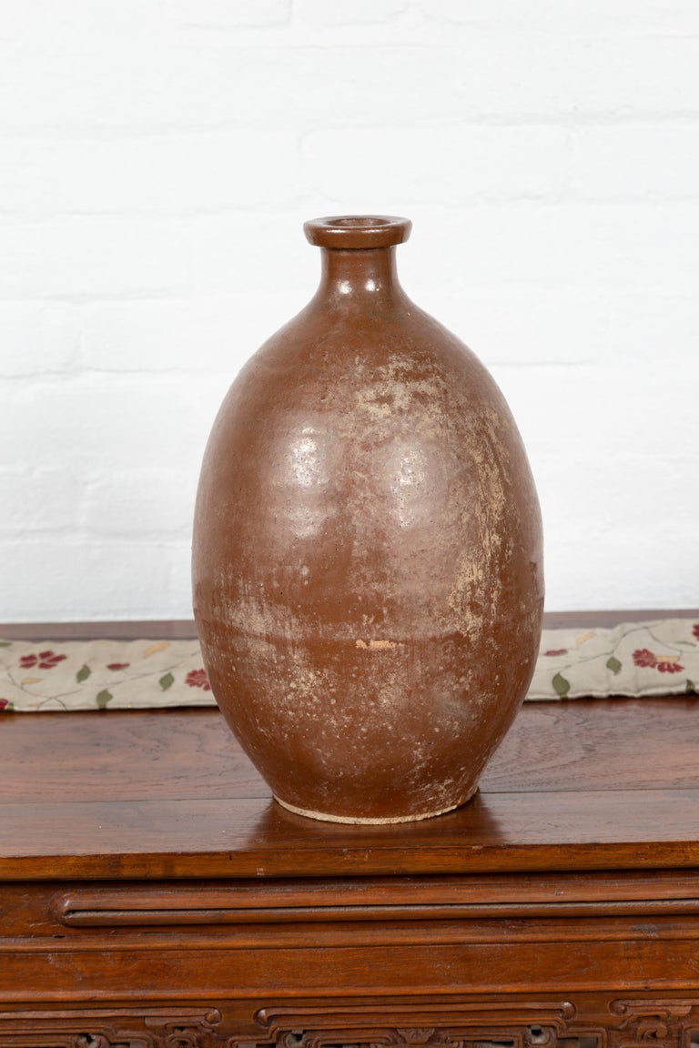 Japanese Antique Brown Tamba Tachikui Ware Sake Jug from the Early 20th ...