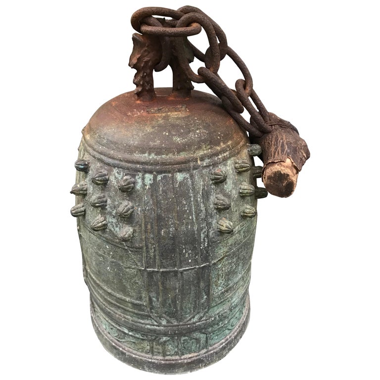 Japanese Antique Cast Bronze Temple Bell with Original Chain and Limb ...