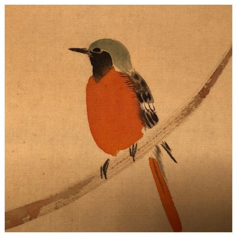 Japanese Antique Delicate Hand Painted "SINGING WARBLER" Silk Bird ...