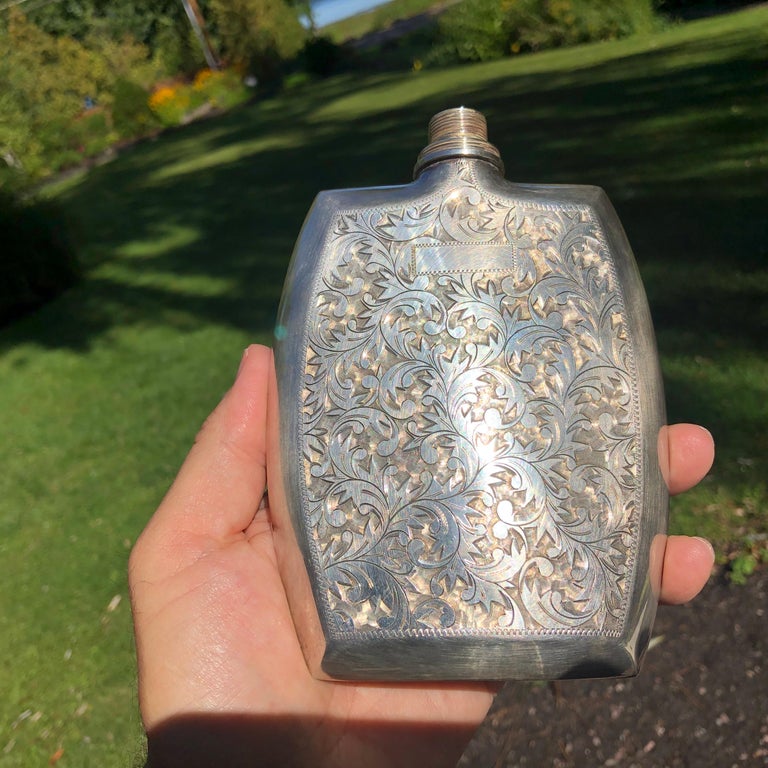 Japanese Antique Fine Pure Silver Drinking "Hip" Flask, Finely Carved ...