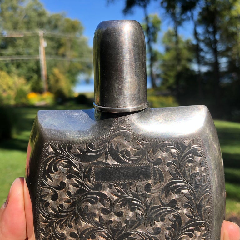 Japanese Antique Fine Pure Silver Drinking "Hip" Flask, Finely Carved ...