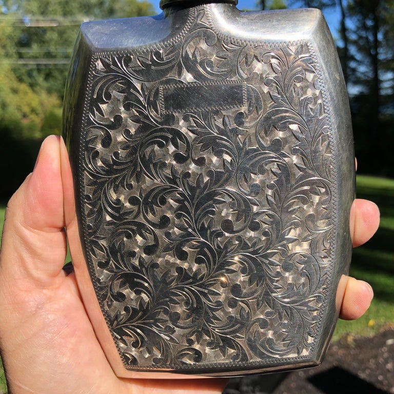 Japanese Antique Fine Pure Silver Drinking "Hip" Flask, Finely Carved ...