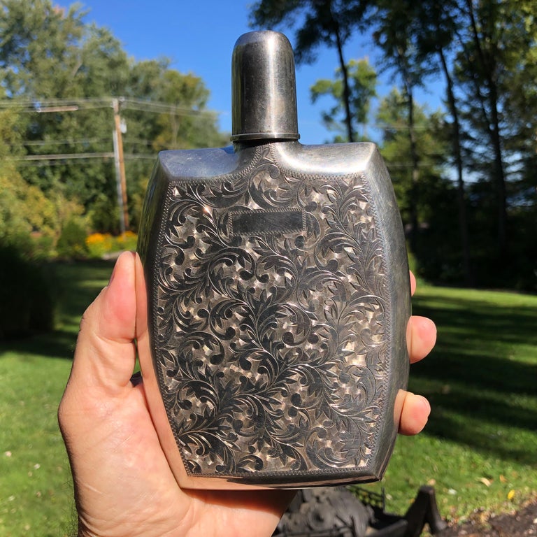 Japanese Antique Fine Pure Silver Drinking "Hip" Flask, Finely Carved ...