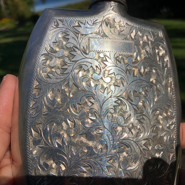 Japanese Antique Fine Pure Silver Drinking "Hip" Flask, Finely Carved ...
