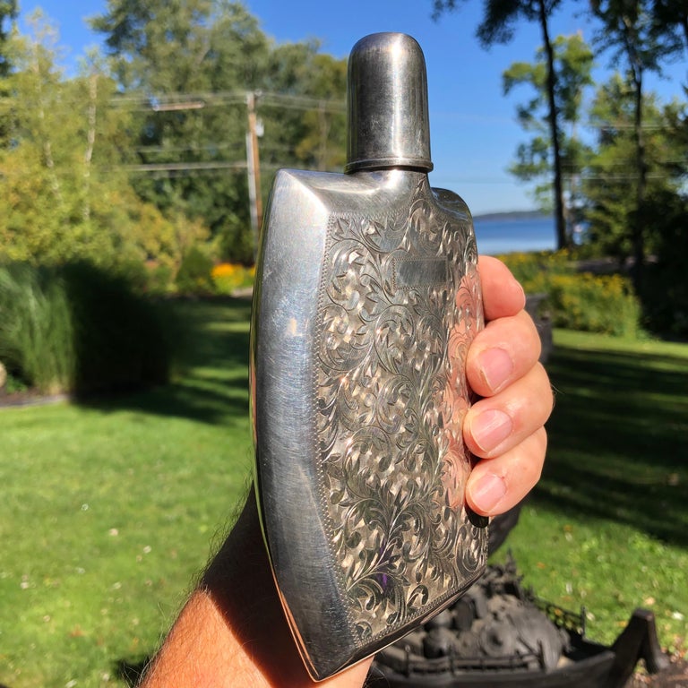 Japanese Antique Fine Pure Silver Drinking "Hip" Flask, Finely Carved ...