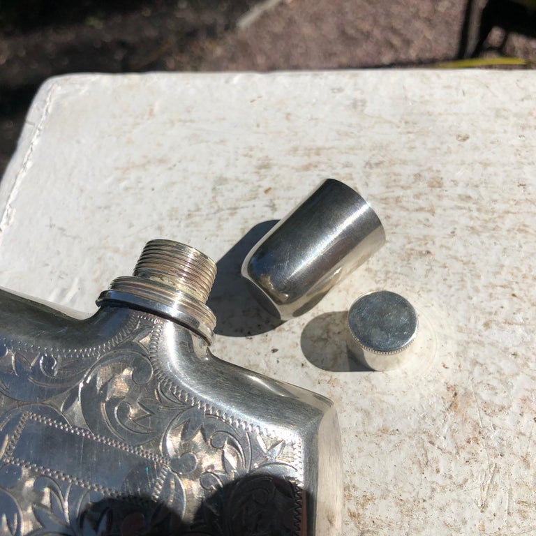 Japanese Antique Fine Pure Silver Drinking "Hip" Flask, Finely Carved ...