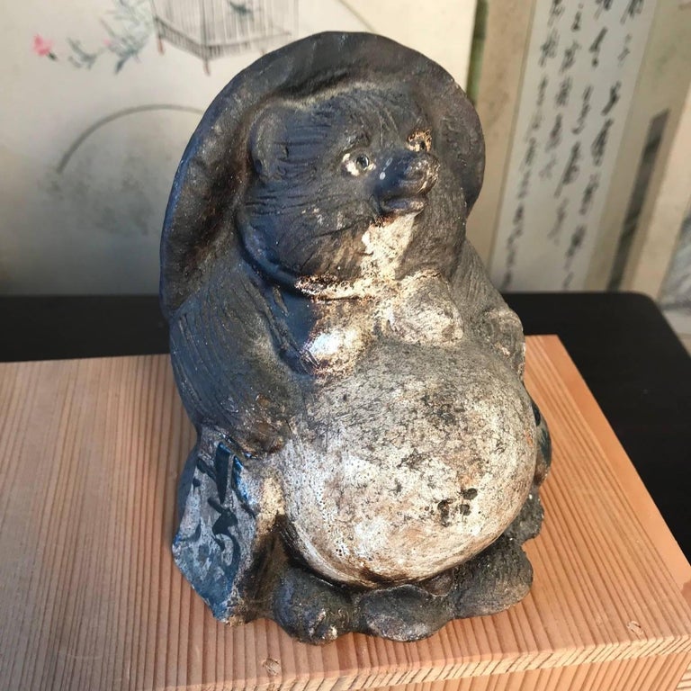 Japanese Antique Folk Tanuki Handmade Hand Glazed Big Belly Party Hero ...