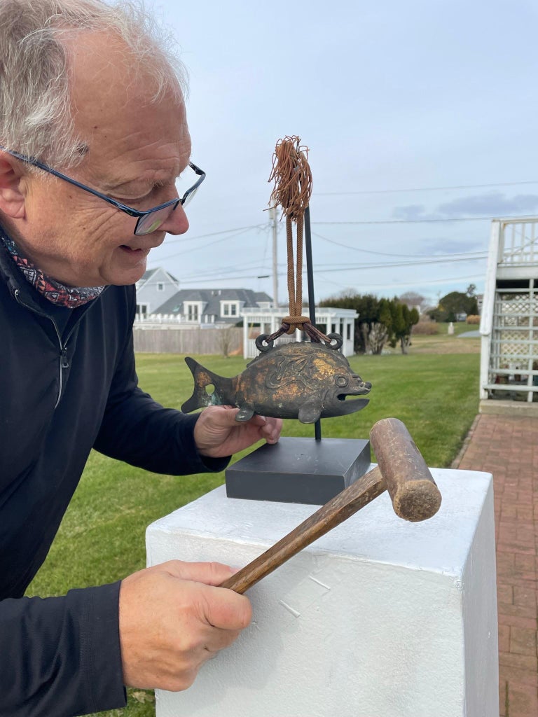 Japanese Old Vintage Gilt Bronze Fish Bell and Wood Striker at 1stDibs
