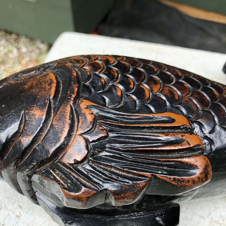 Japanese Antique Hand Carved Wood Koi Good Fortune Fish Sassy Tail ...