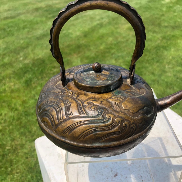 Japanese Antique Handcrafted Copper Water Pot "Koi and Waves" For Sale ...