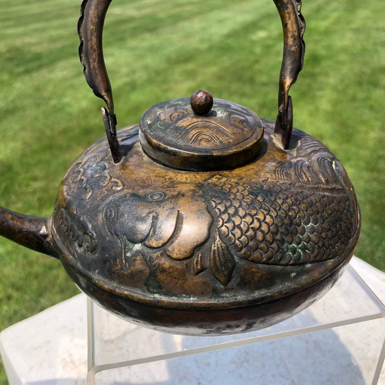 Japanese Antique Handcrafted Copper Water Pot "Koi and Waves" For Sale ...