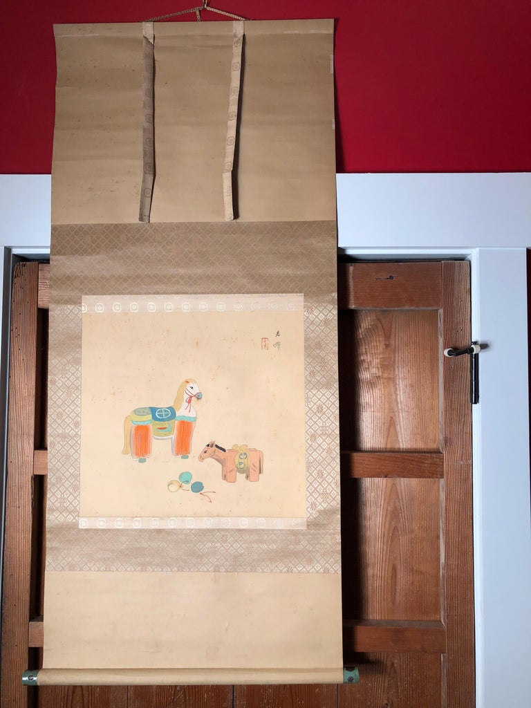 Japanese Antique Hand Painted Ancient "Two Horses" Silk Scroll, Meiji ...