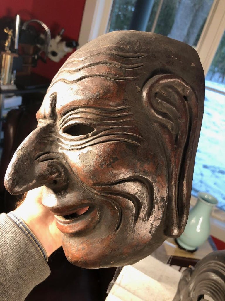 Japanese Antique Pair of Noh Masks with Fine Details, Signed, 19th ...