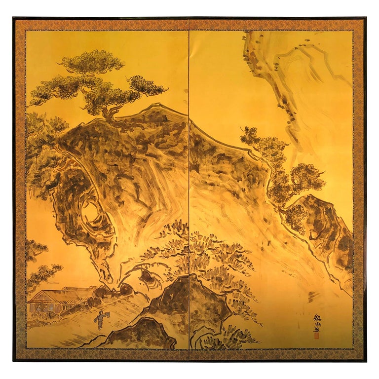 Japanese Gold Two Panel Screen Mountain Tea House Retreat at 1stDibs
