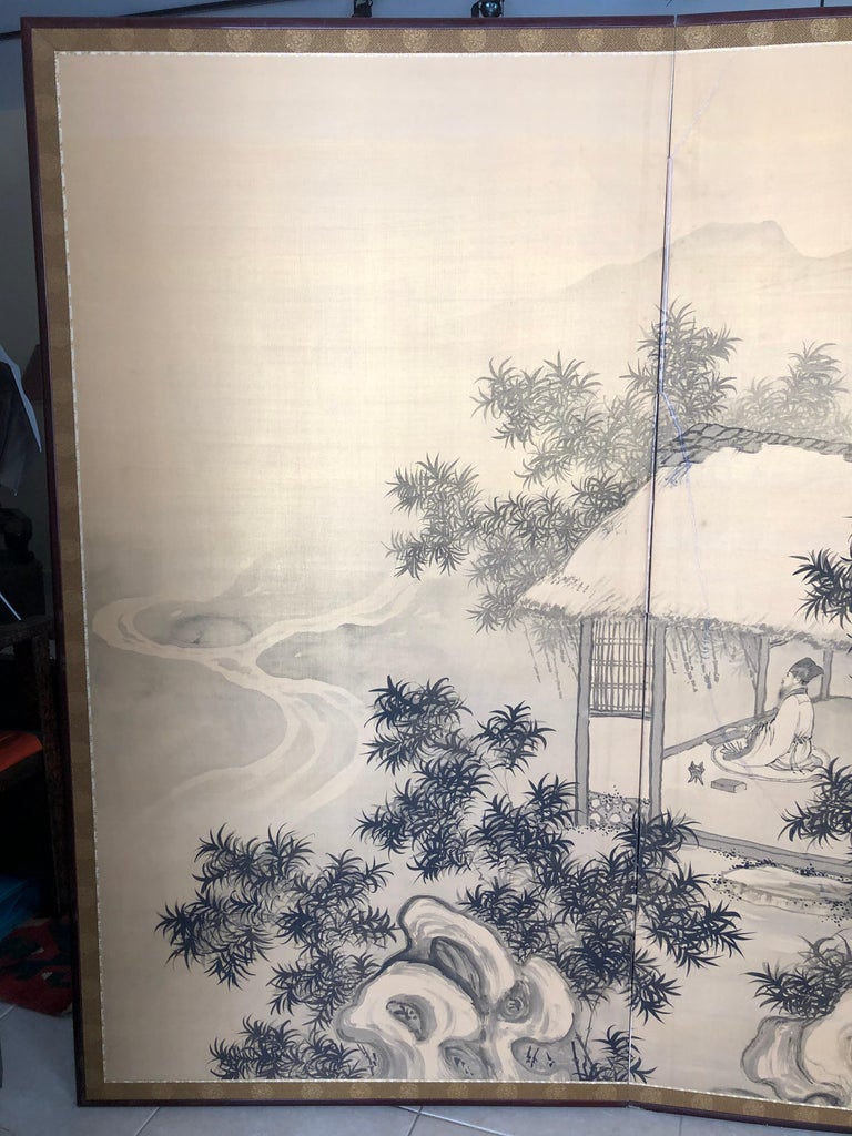 Japanese Antique Silk Screen Scholar, Bamboo, and Water Fall at 1stDibs