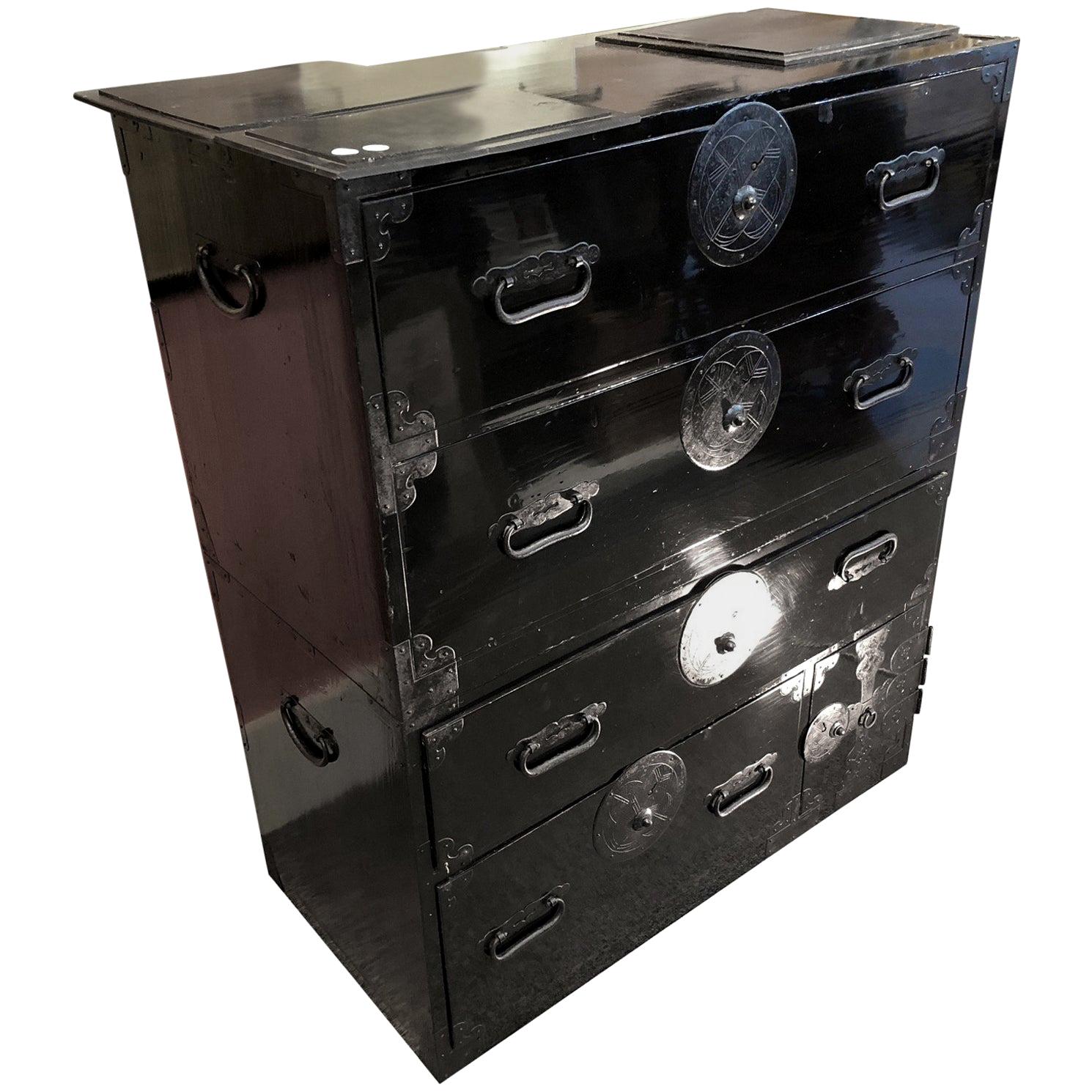 Japanese Antique Rich Black Lacquered Clothing Chest Tansu 100% ...