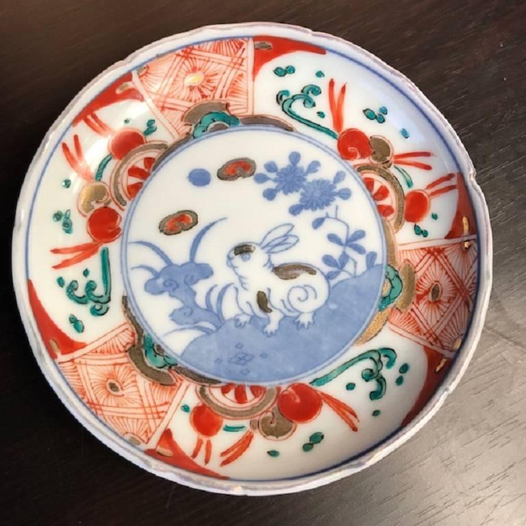 Japanese Antique Playful Rabbits Five Serving Plates and Fine Details ...