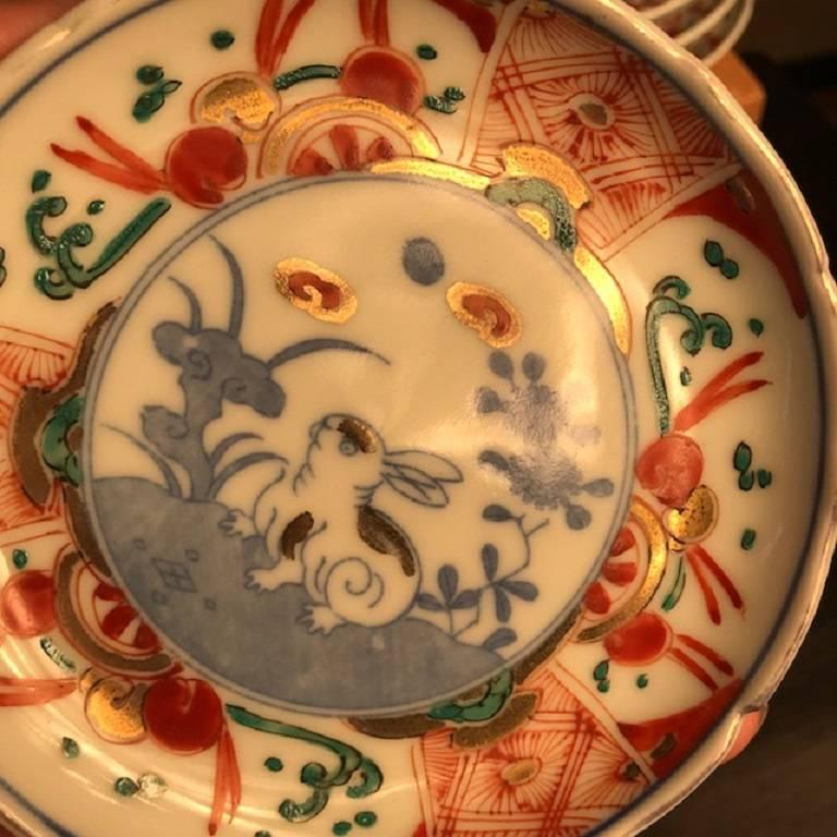 Japanese Antique Playful Rabbits Five Serving Plates and Fine Details ...