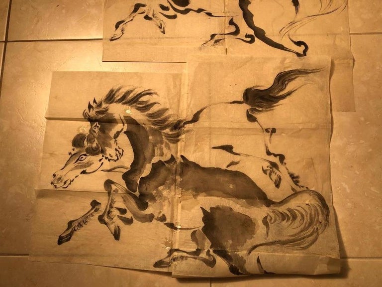 Japanese Antique Set Hand Color Paintings Horses, Horses, Manuscript ...