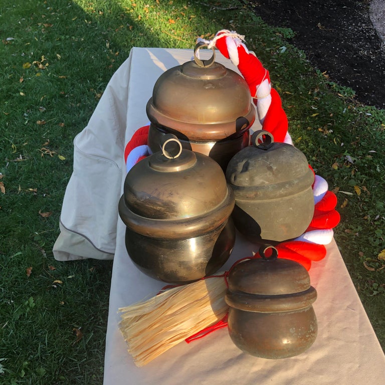 Japanese Antique Shinto Suzu Temple Bell Set Four '4' and Rope Handle ...