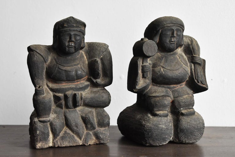 Japanese Antique Stone Statue / Two Gods / Edo Period / Buddha /Stone ...