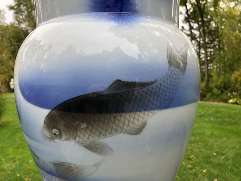 Japanese Antique Tall "Triple Koi" Vase Hand Painted Blue and White, 16 ...