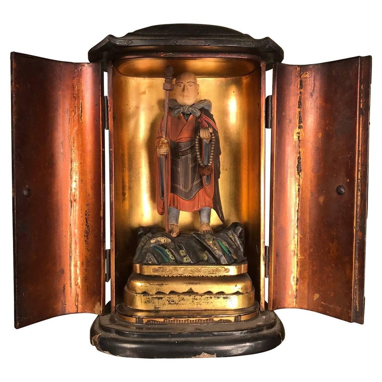 Japanese Antique Traveling Shrine Buddhist Bodhisattva with Staff and ...