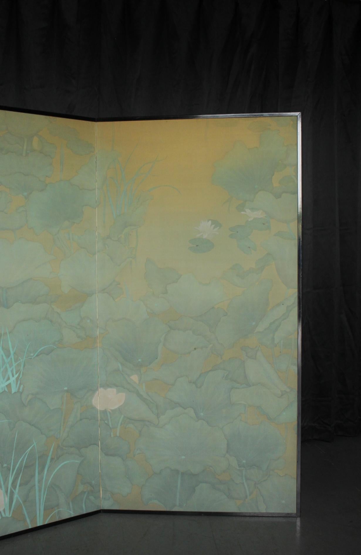 Japanese Antiques 2panels, Silk, folding Screen with lotus motifs For ...