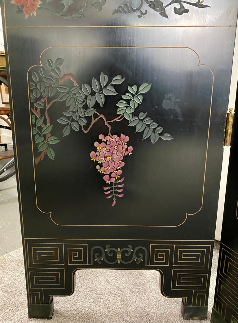 Japanese Asian Black Lacquered 4 Panel Room Divider or Screen with ...