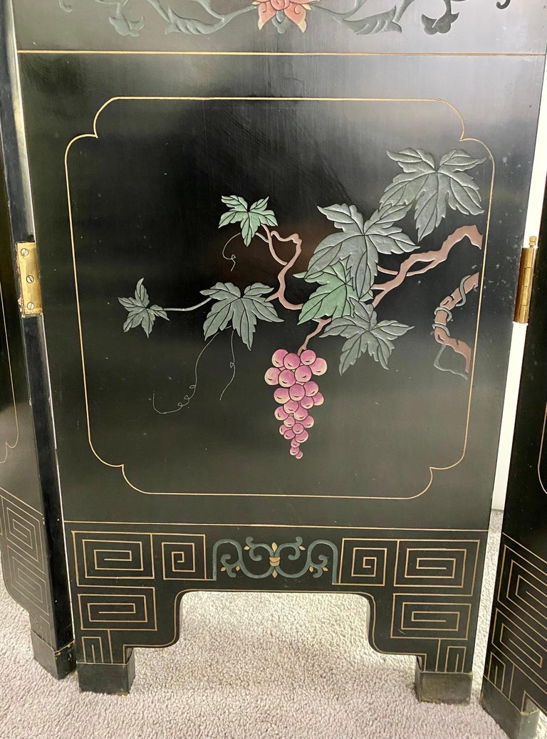 Japanese Asian Black Lacquered 4 Panel Room Divider or Screen with ...