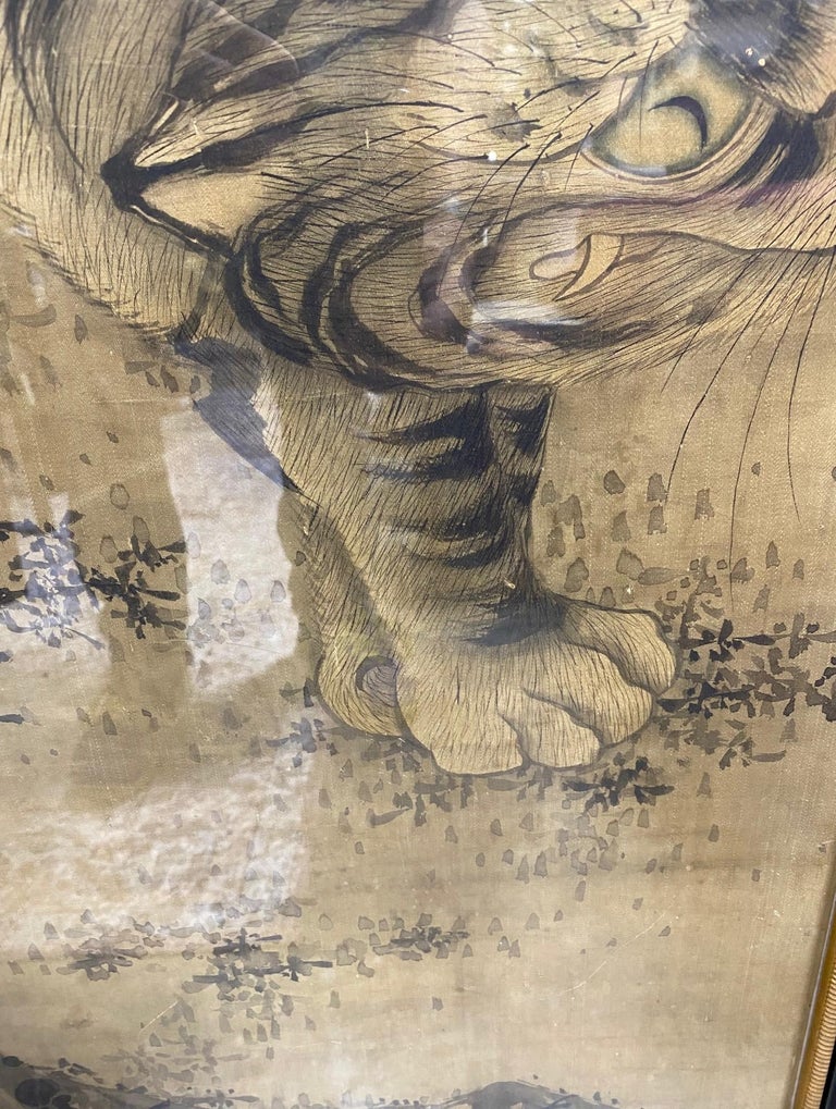 Japanese Asian Large Edo Period Framed Hand Painted Tiger Scroll at 1stDibs