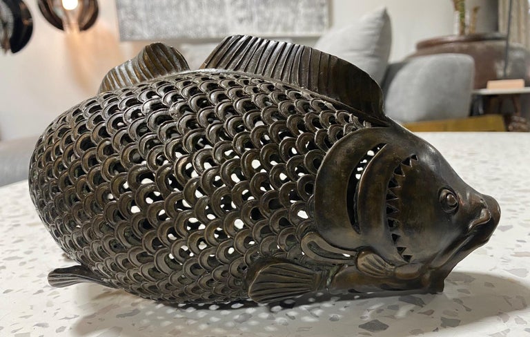 Japanese Asian Showa Period Bronze Koi Fish Sculpture For Sale at 1stDibs