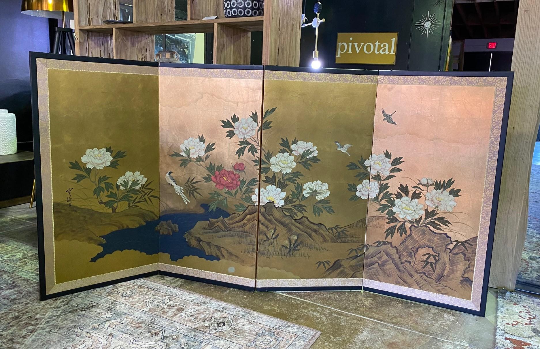 Japanese Asian Signed Four-Panel Folding Byobu Nature Landscape Floral ...