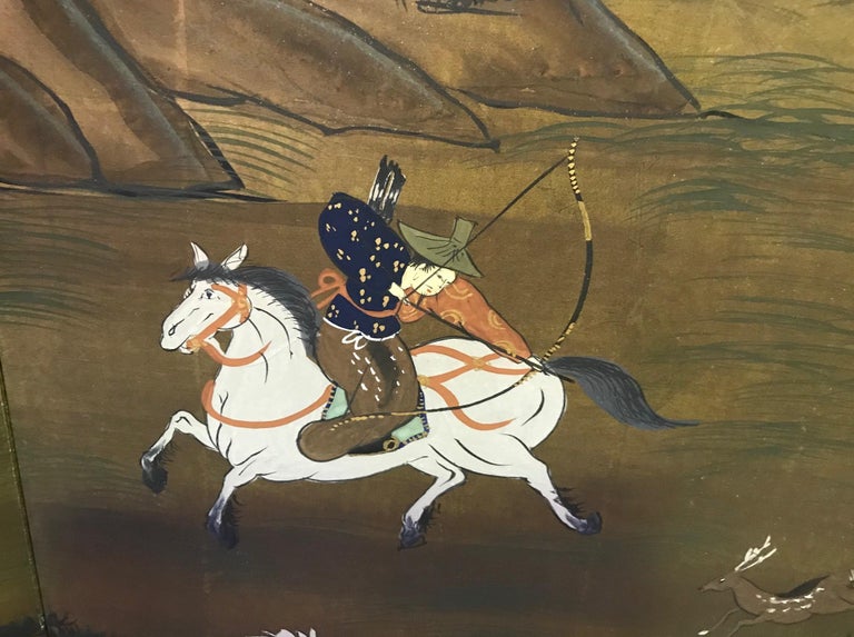 Japanese Asian Signed Four-Panel Folding Byobu Screen Landscape Hunting ...