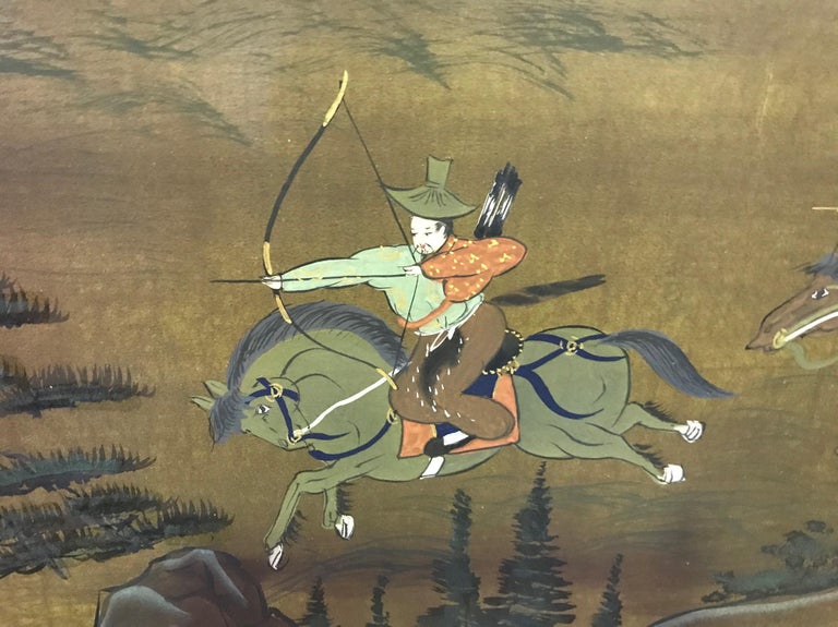 Japanese Asian Signed Four-Panel Folding Byobu Screen Landscape Hunting ...