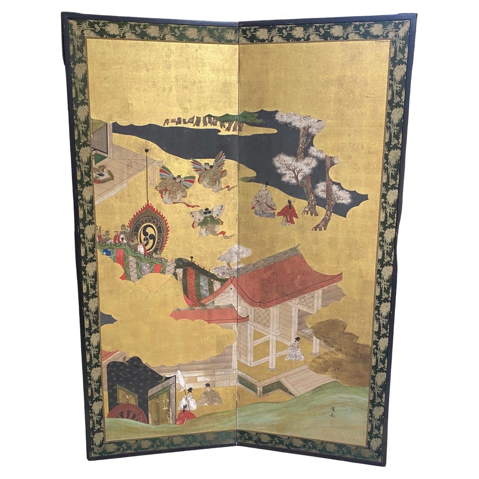Japanese Asian Signed Two-Panel Folding Byobu Showa Screen Tales of the ...
