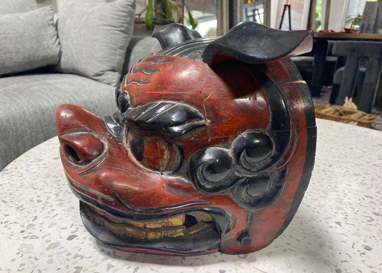 Japanese Asian Wood Shi Shi Shishi Mai Lion Dance Gashira Noh Mask Sculpture For Sale at 1stDibs