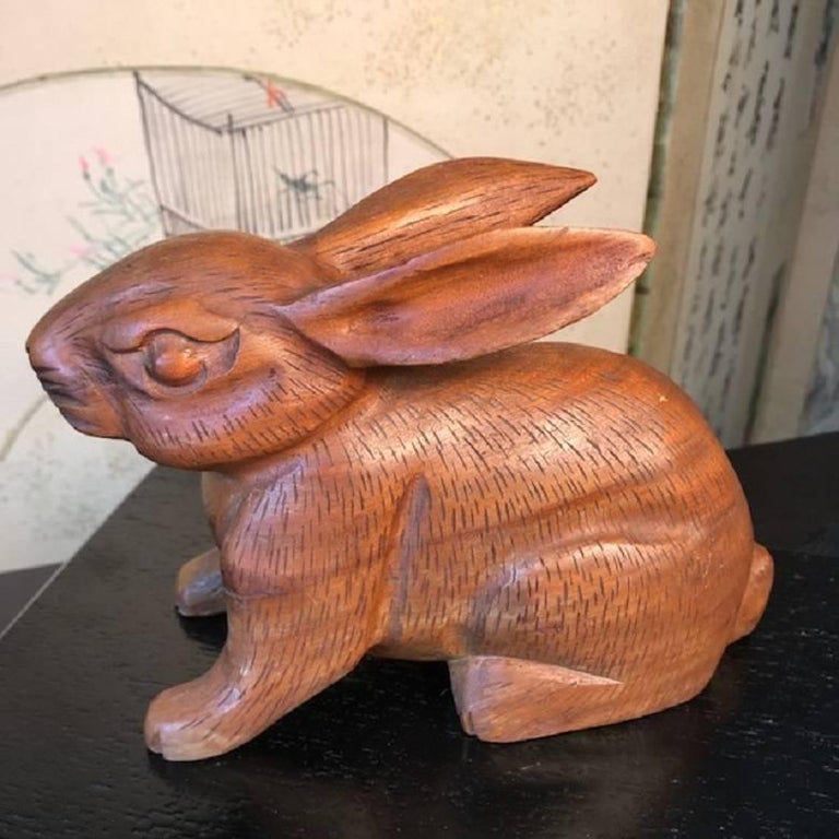 Japanese Big Tall Ears Rabbit Hand-Carved Wooden Sculpture with Fine ...