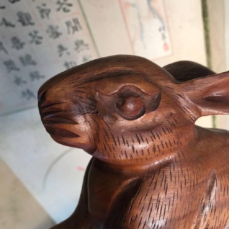 Japanese Big Tall Ears Rabbit Hand-Carved Wooden Sculpture with Fine ...
