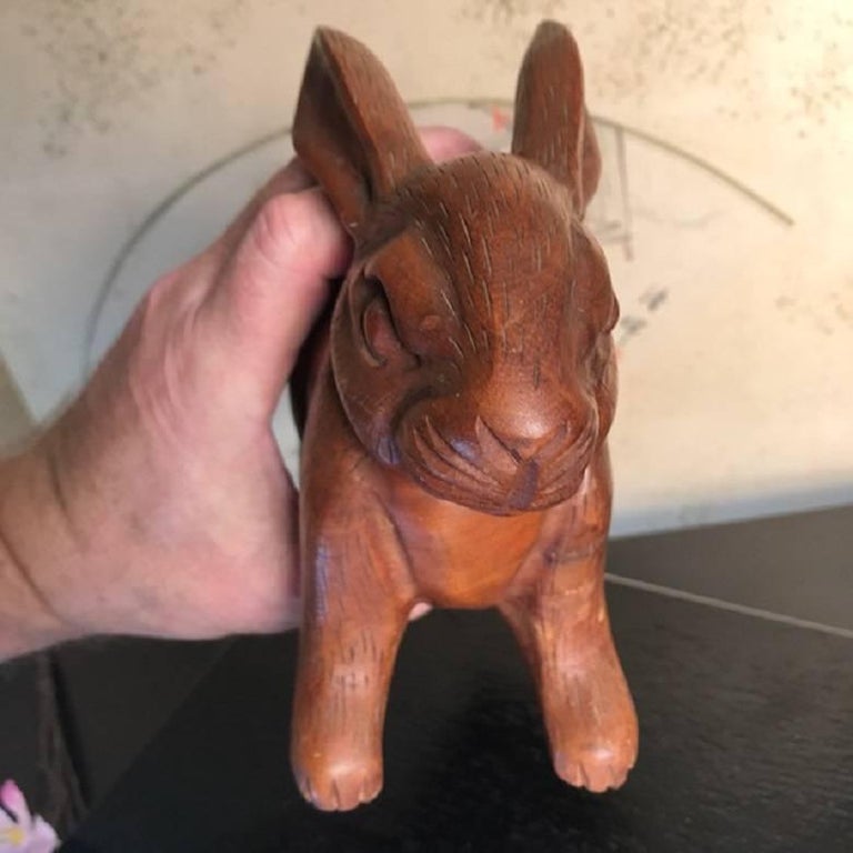Japanese Big Tall Ears Rabbit Hand-Carved Wooden Sculpture with Fine ...
