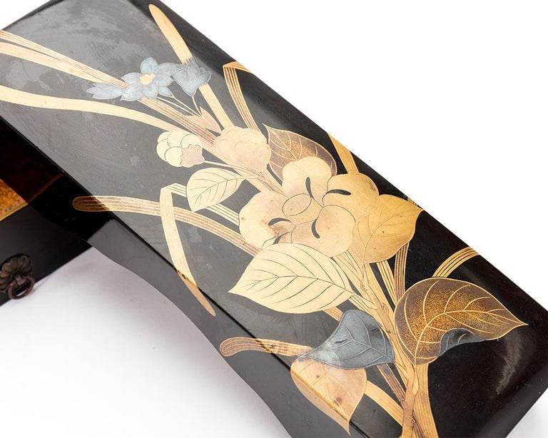 Japanese Black Lacquer Box with Gold and Silver Maki-E Floral Design ...