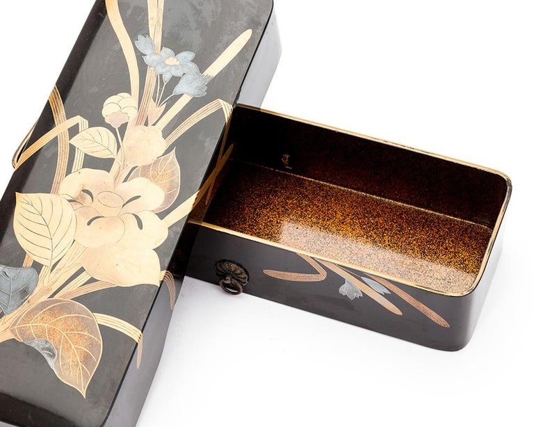 Japanese Black Lacquer Box with Gold and Silver Maki-E Floral Design ...